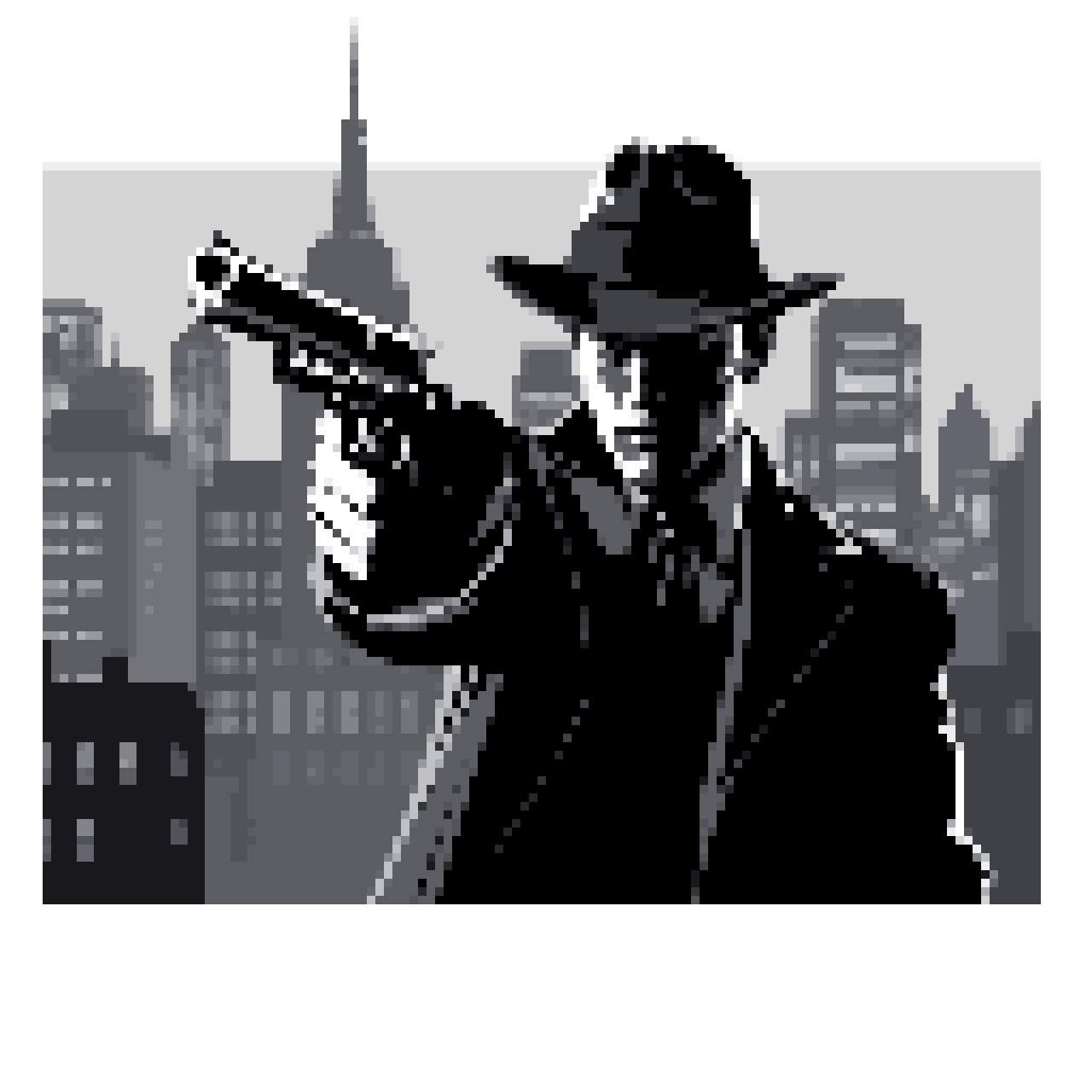 Noir Detective Aims Gun: Cityscape Thriller