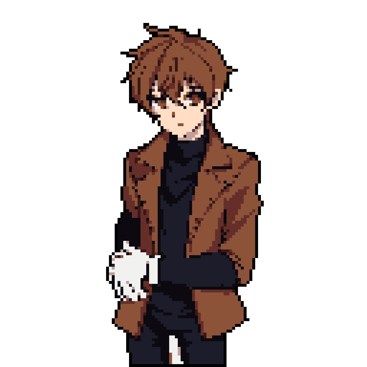Pixel Art: Muted Brown Character in Black Void, Pensive Mood