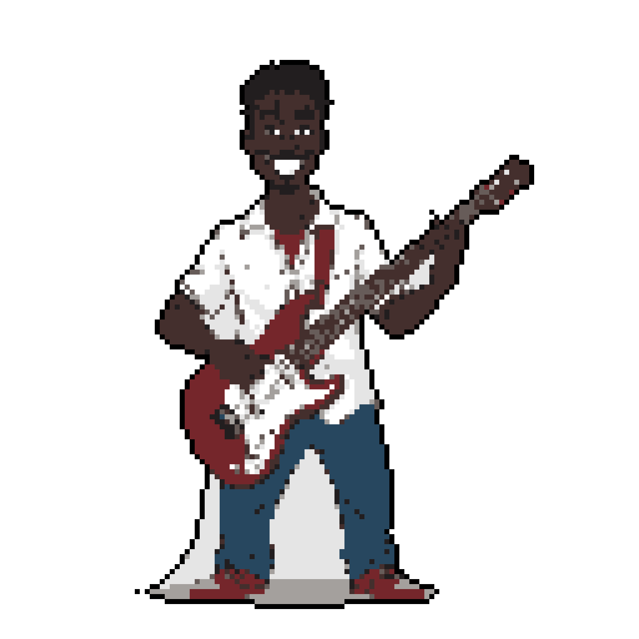 Smiling Musician Rocks Red Bass Guitar