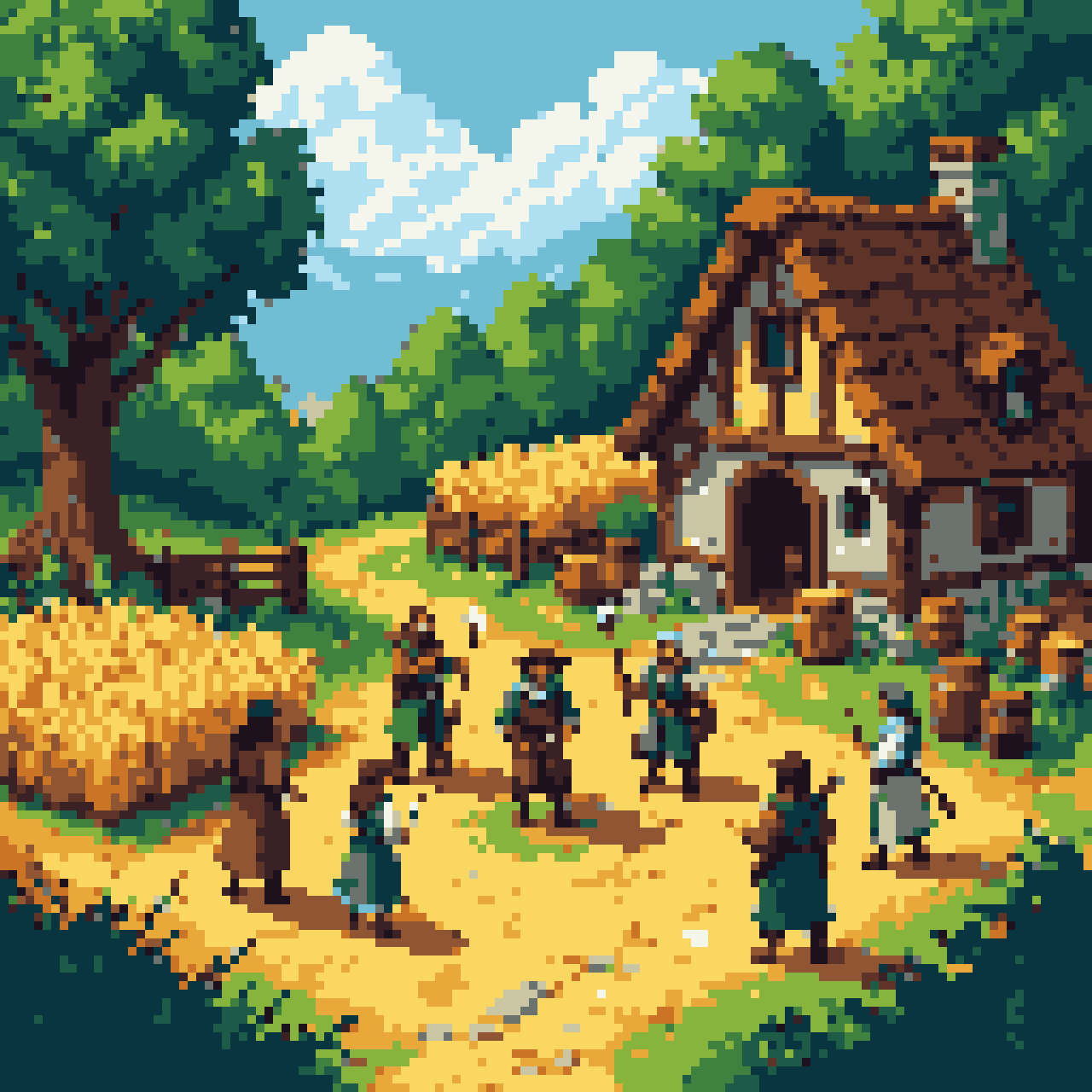 AI Pixel Art: Fantasy Villagers Gather at Cozy Thatched Cottage