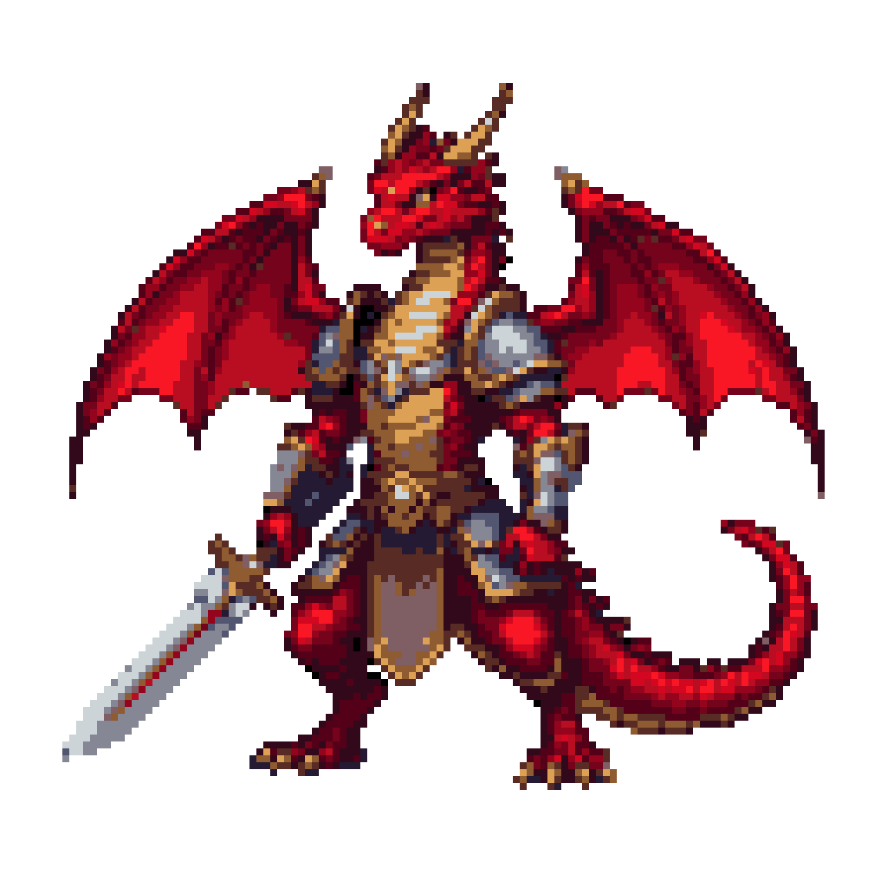 2D Game Asset: Epic Red Dragon Warrior: Armor, Sword, Wings Spread