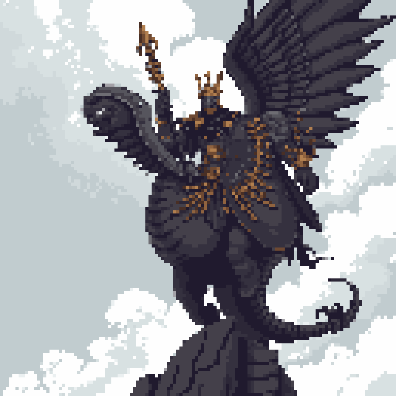 Pixel Art Sprite: Ancient Winged Deity Statue on Serpentine Beast