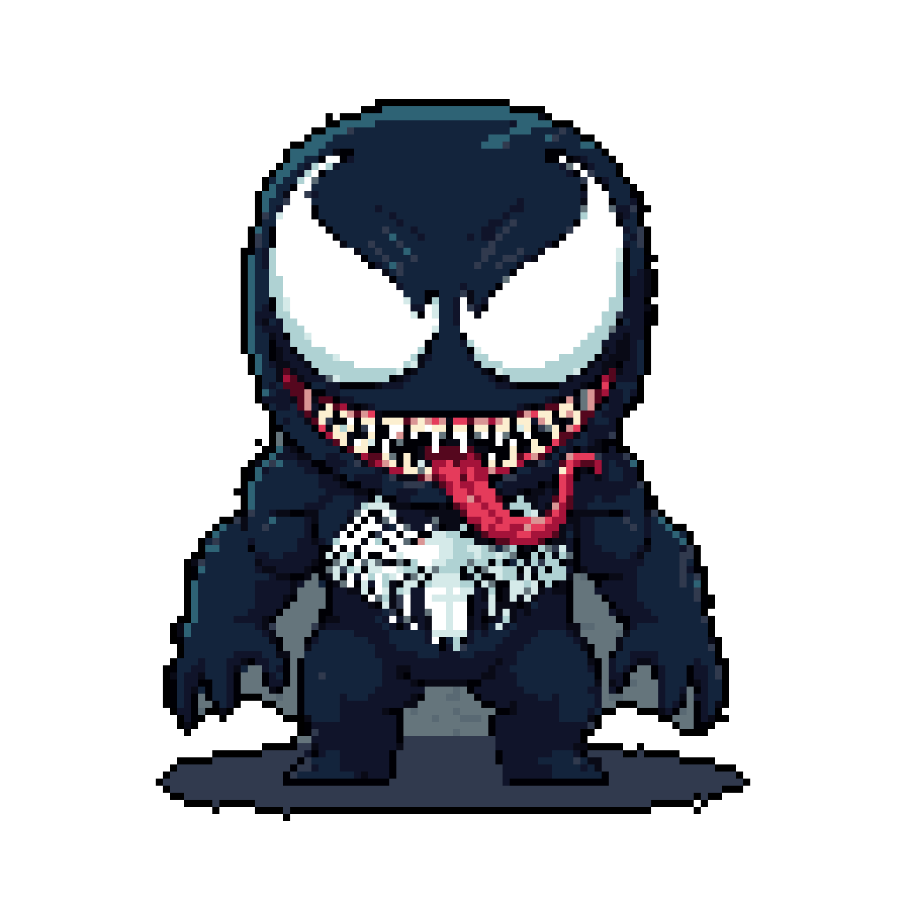 Chibi Venom Grin: Red Tongue, White Symbol, Menacing Cute