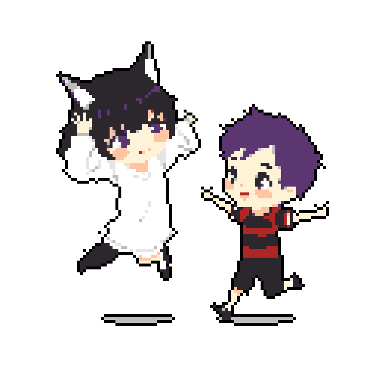 Joyful Chibi Duo Jumping & Running, Black Background
