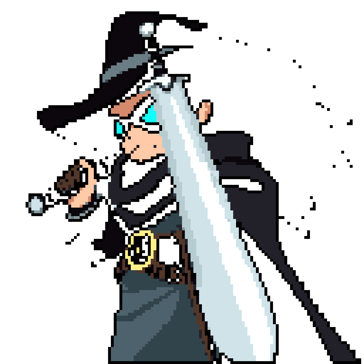 Pixel Art: Masked Swordsman's Determined Blue-Eyed Strike