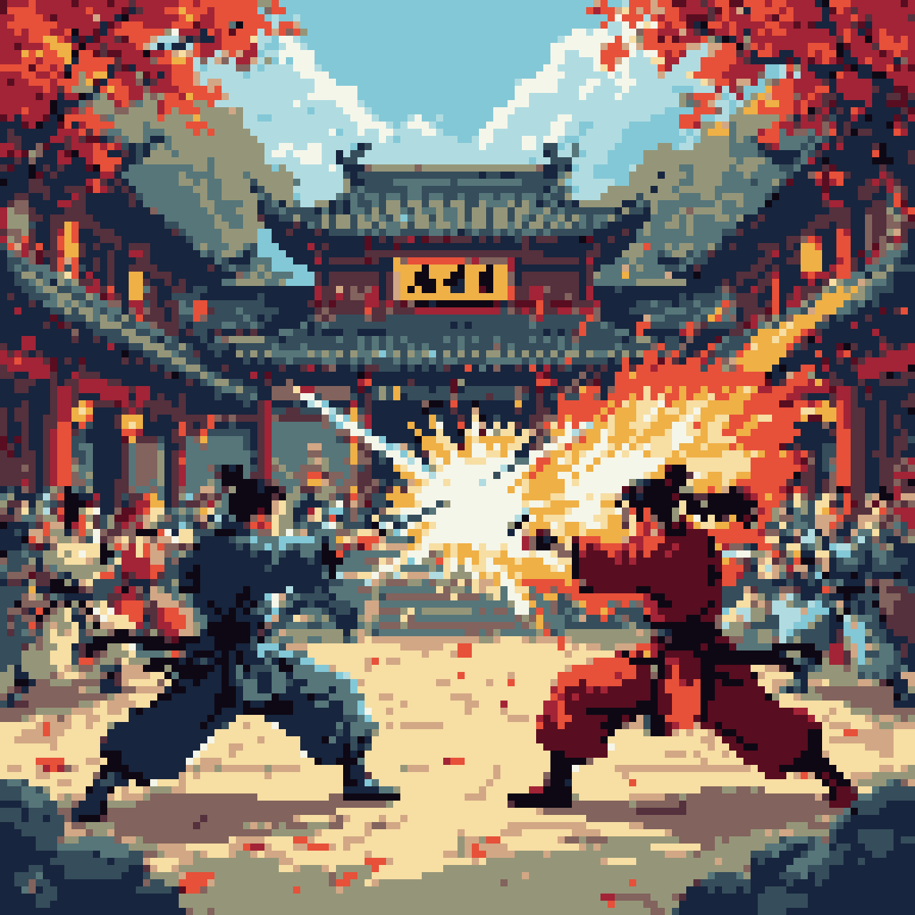 Samurai Duel: Fiery Clash in Ancient Courtyard