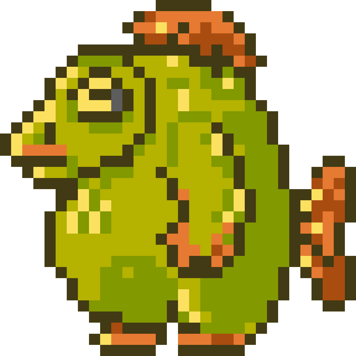 Mournful Olive Fish Sprite, Retro Game Character