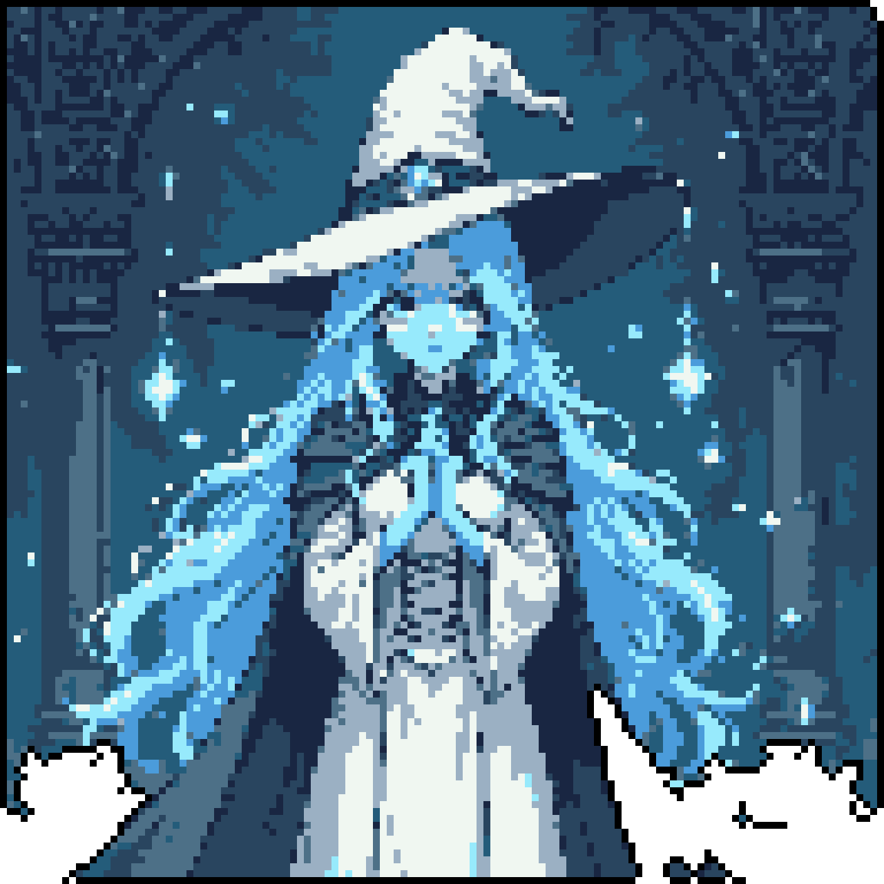 Mystic Blue-Haired Witch: Ethereal Glow & Ancient Arches