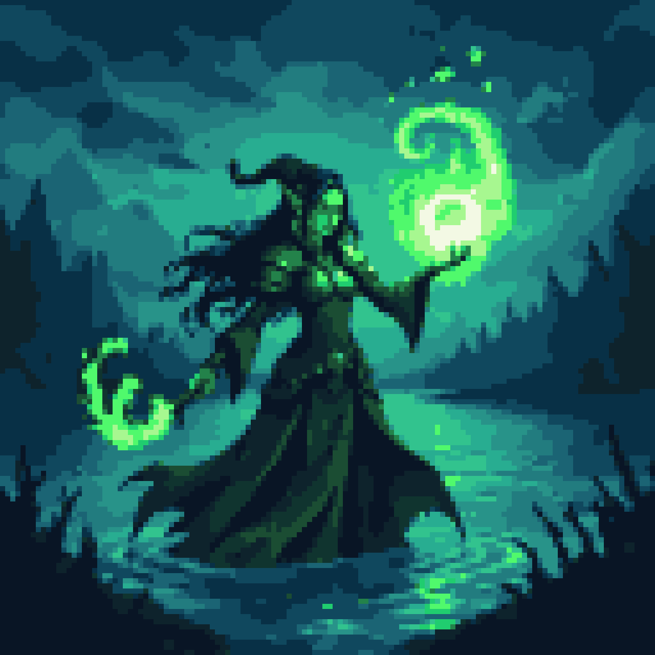 Elf Necromancer Summons Dark Magic in Gloomy Lake