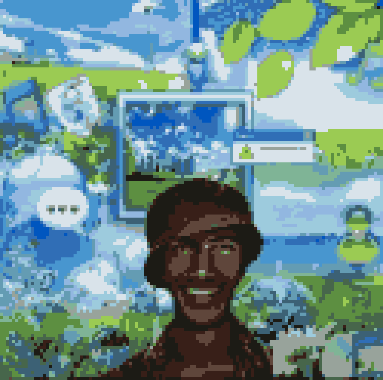 Green-Eyed Figure in Digital Dreamscape