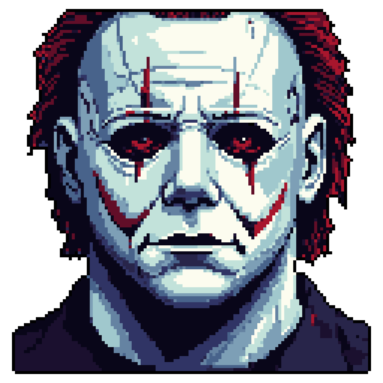 Pixel Art Sprite: Ominous Masked Man: Red Eyes, Stark Smile Portrait