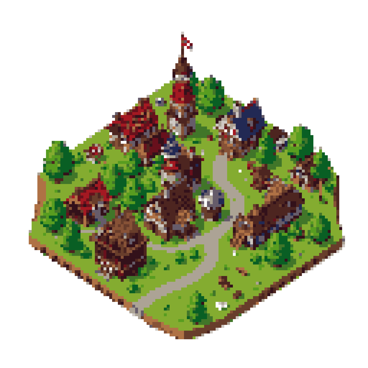 Isometric Village: Peaceful Town Amidst Green Landscape