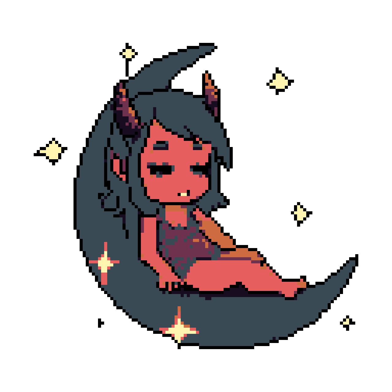 Pixel devil girl lounging on a crescent moon with pink spark...