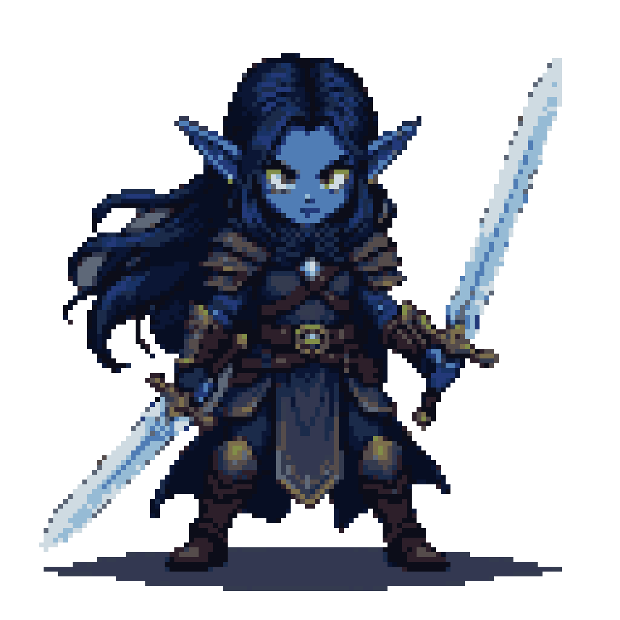 Blue-Skinned Warrior: Dual Enchanted Swords Ready