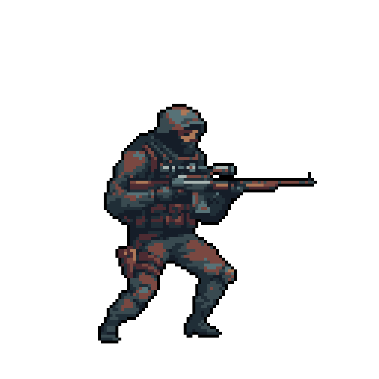 Tactical Sniper Crouched, Aiming Rifle, Dark Tones