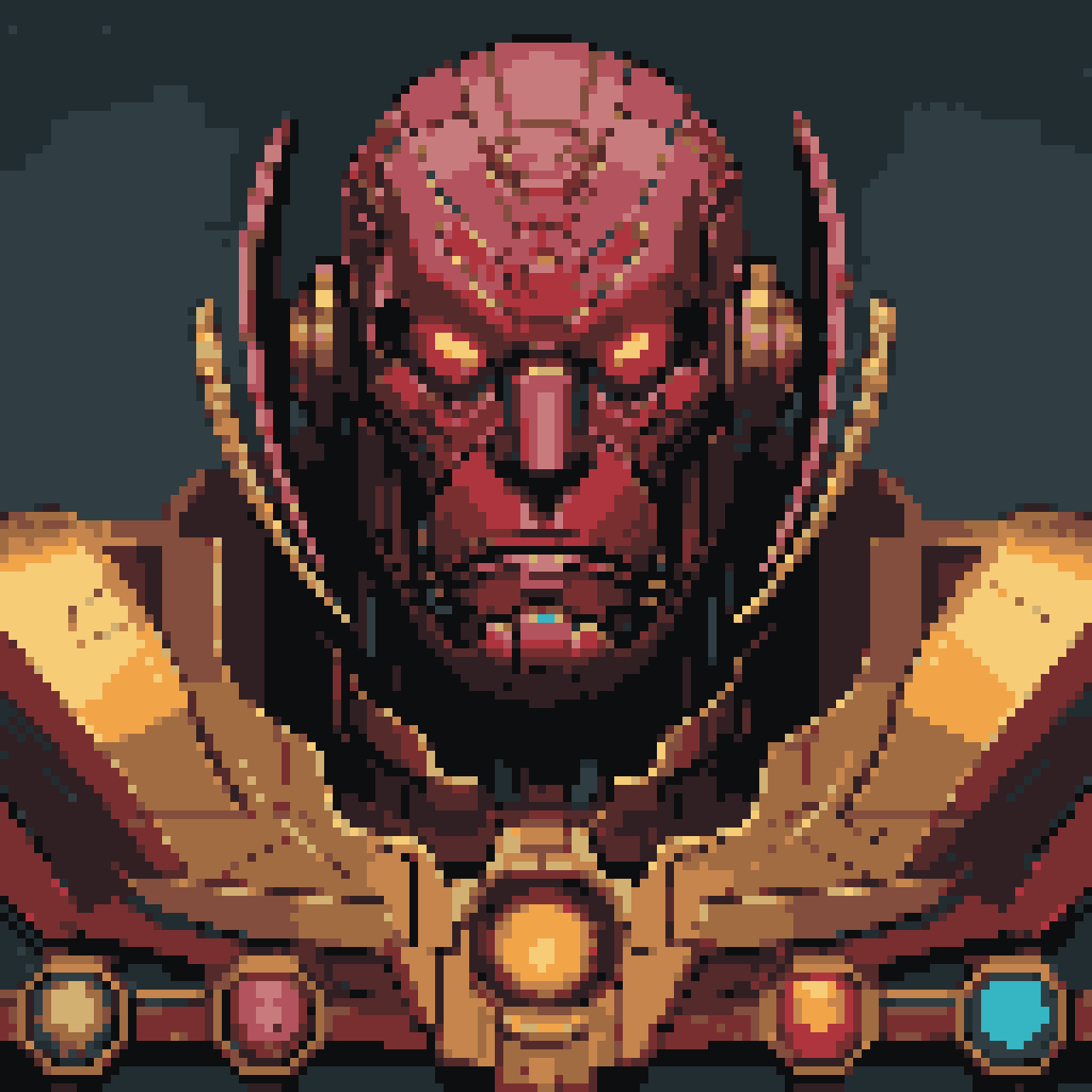 Menacing Robot Portrait: Red & Gold Guardian