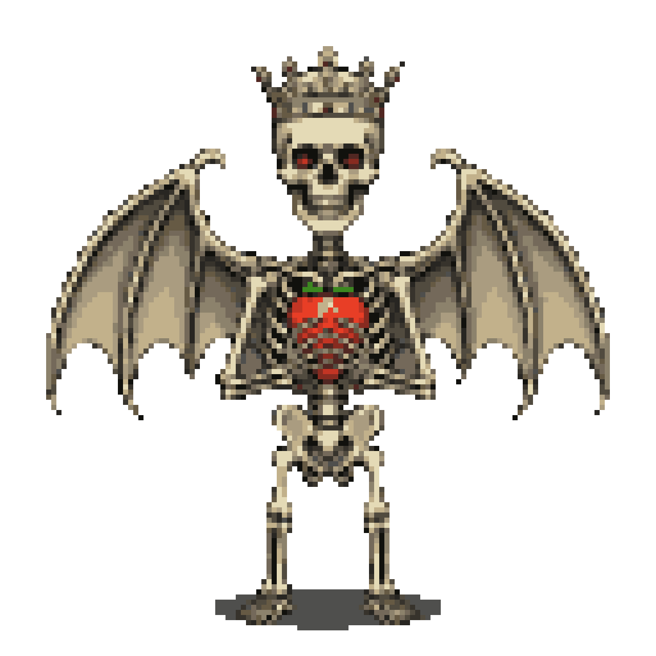 Pixel Art Sprite: Crowned Skeleton NPC with Red Strawberry Treasure