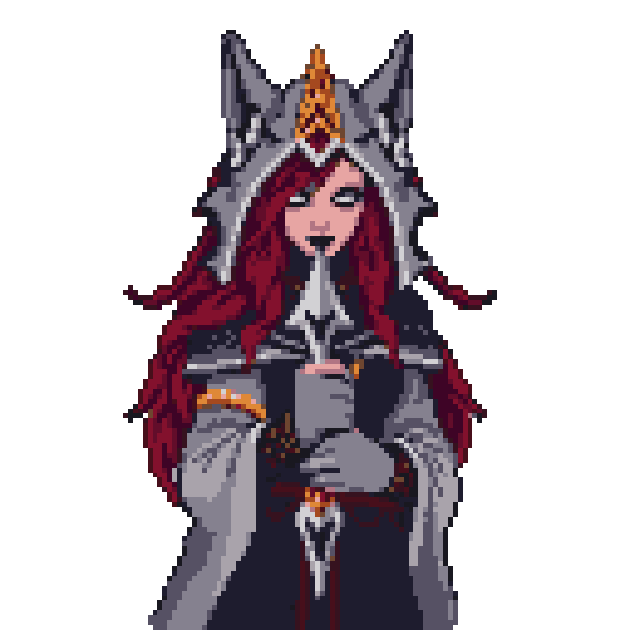 Crimson Wolf Priestess: Regal, Somber, Crowned Mystic