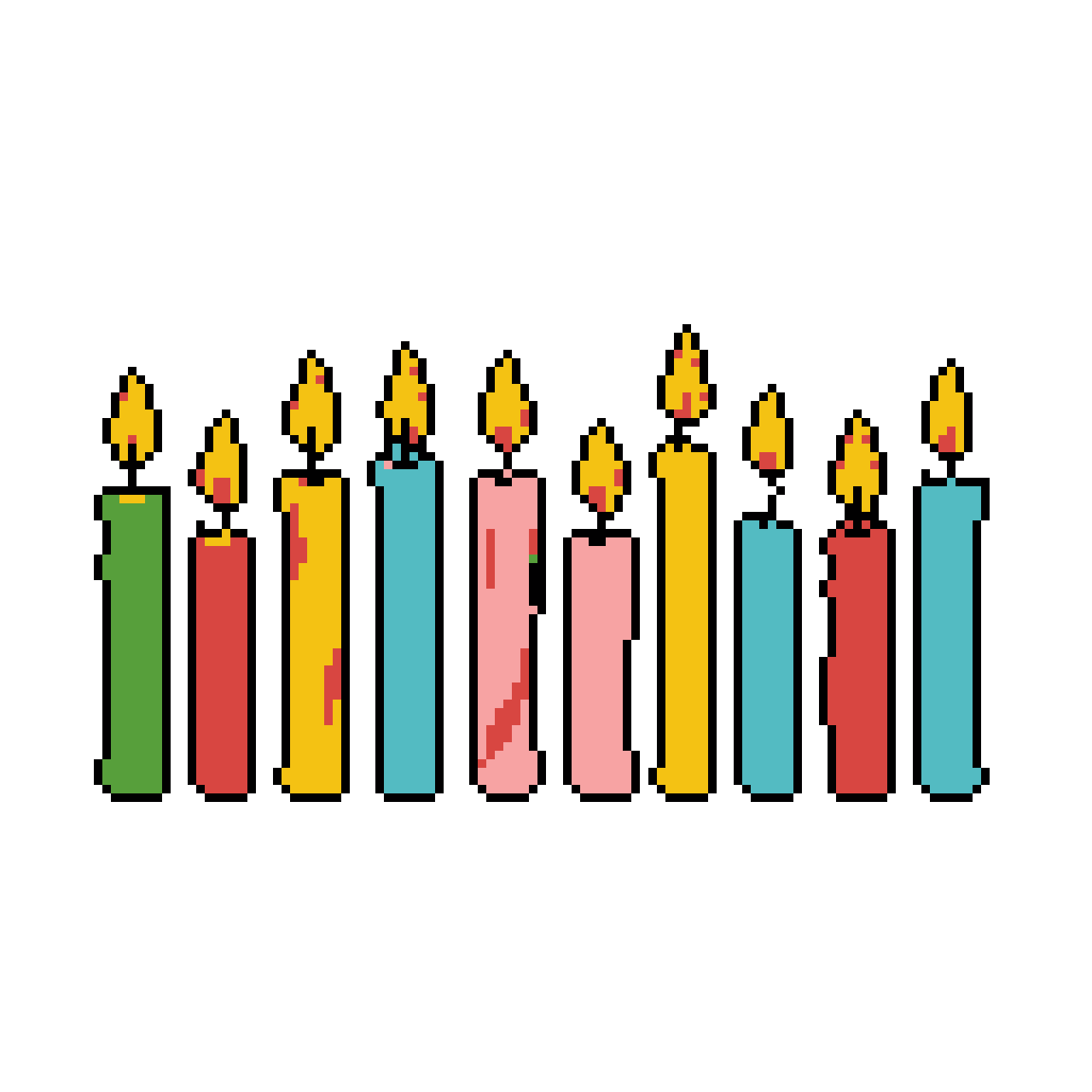 Eleven Vibrant Lit Candles on Black