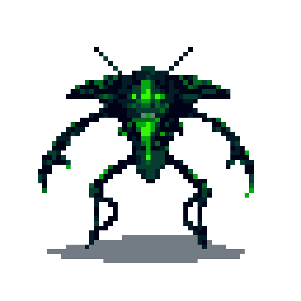 Eerie Mech Alien: Dark Blue & Green Luminescence