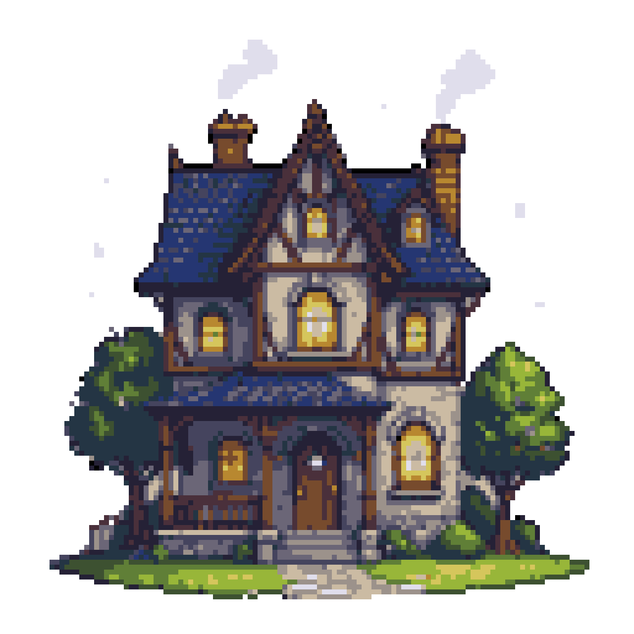 Sprite: Cozy Fairytale House with Smoke & Green Trees