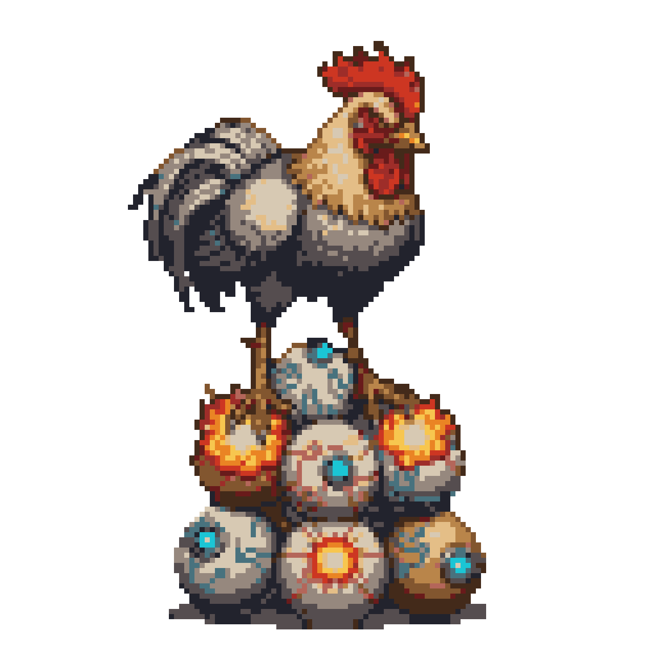 Explosive Rooster Boss: Fiery Egg Bomb Pyramid Doom