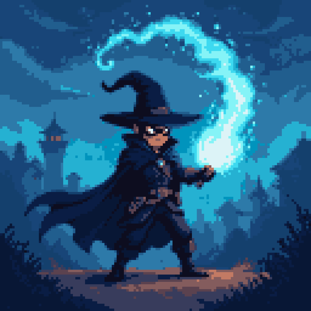 Pixel Art: Shadow Sorcerer Conjures Blue Energy Vortex