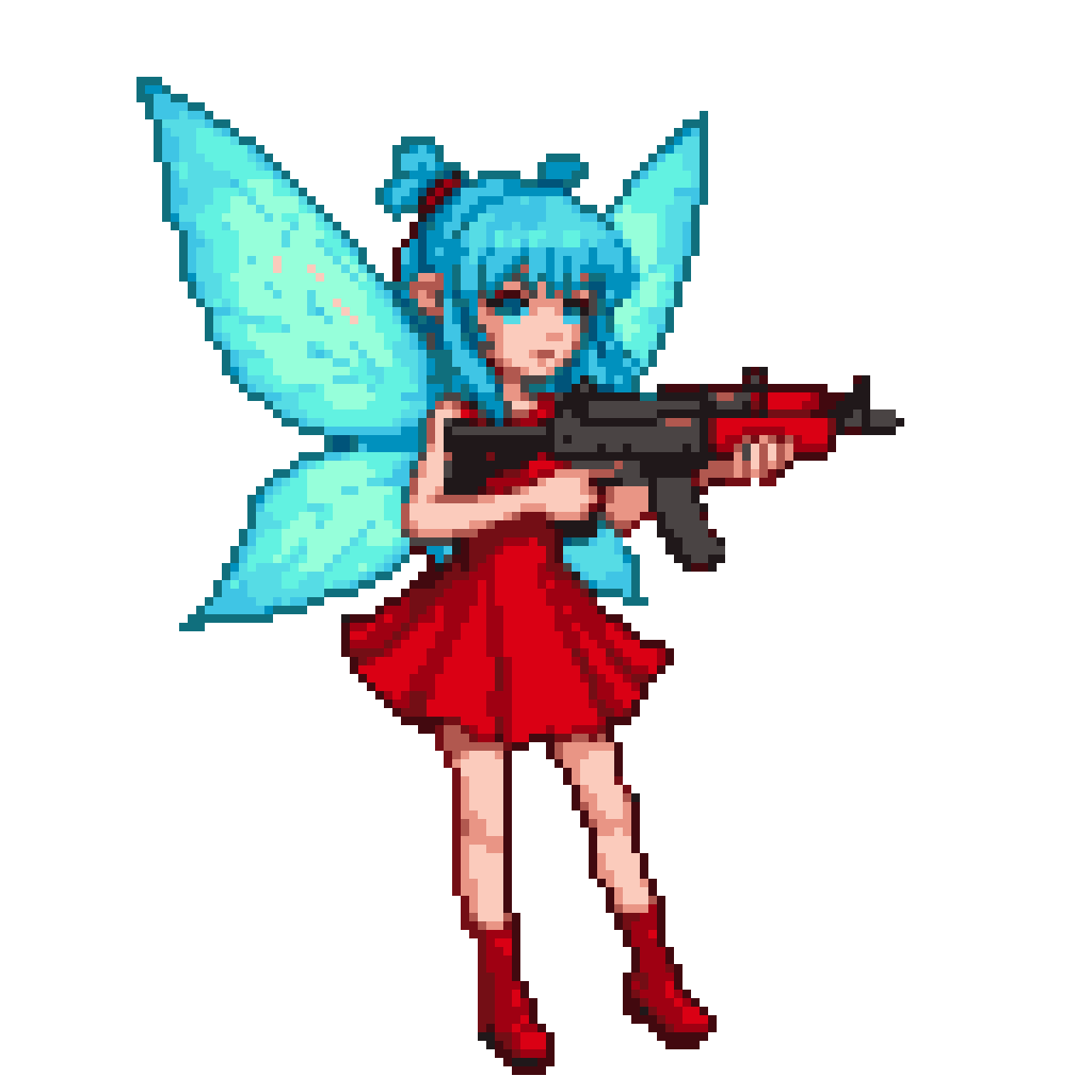 Pixel Art: Cyan Pixie with Uzi: Fierce Fantasy Action
