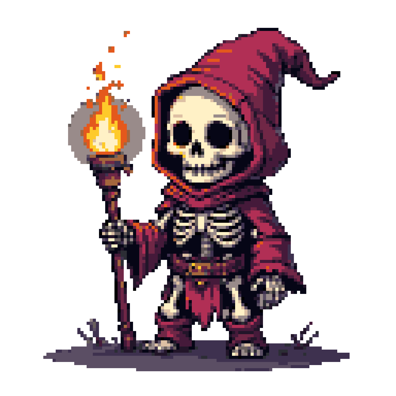 Pixel Art Sprite: Skeleton Wizard's Fiery Torch in Dark Fantasy