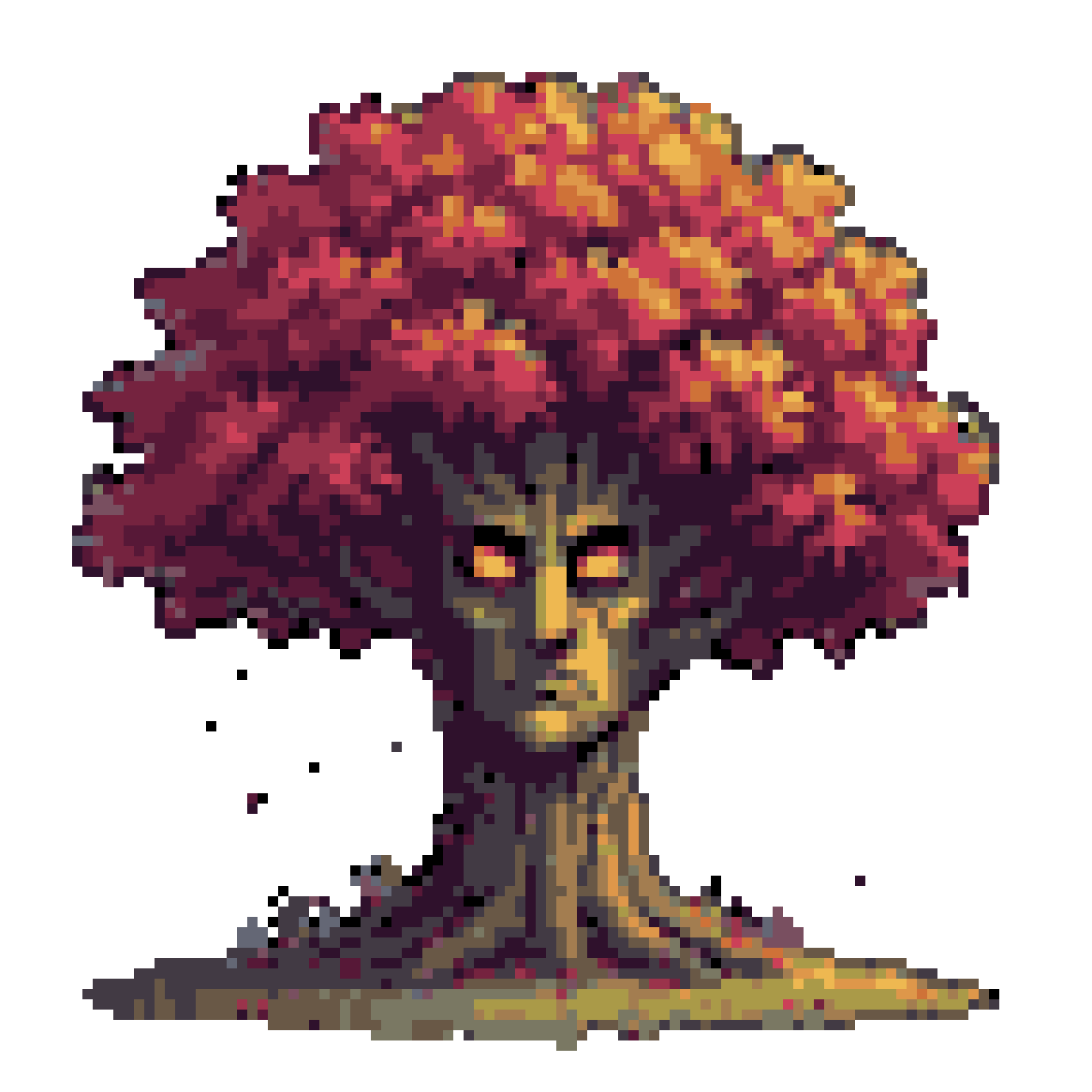 AI Pixel Art: Enchanted Autumn Tree Guardian: Fiery Gaze
