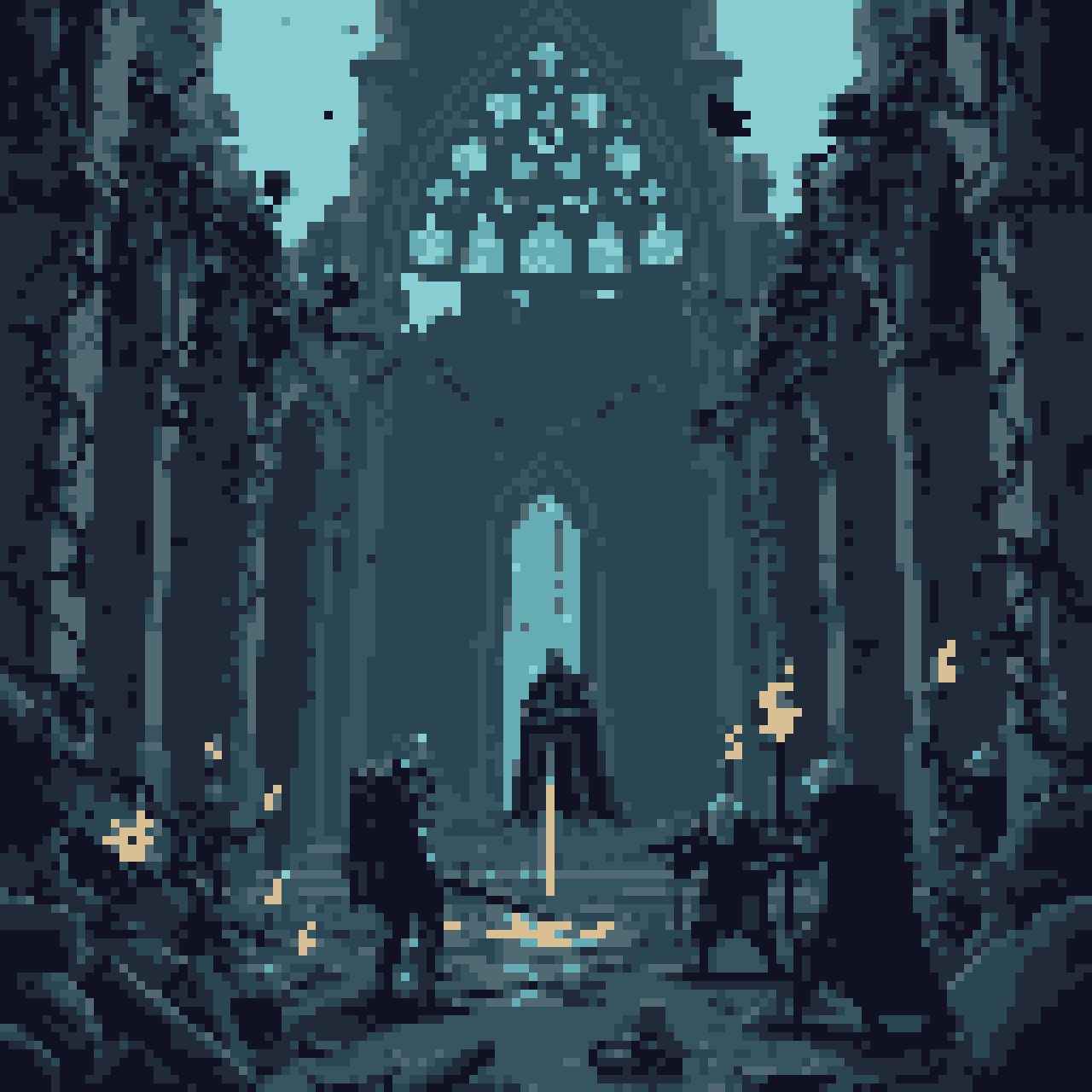 Gothic Ruins: Knights Face Ominous Glowing Light