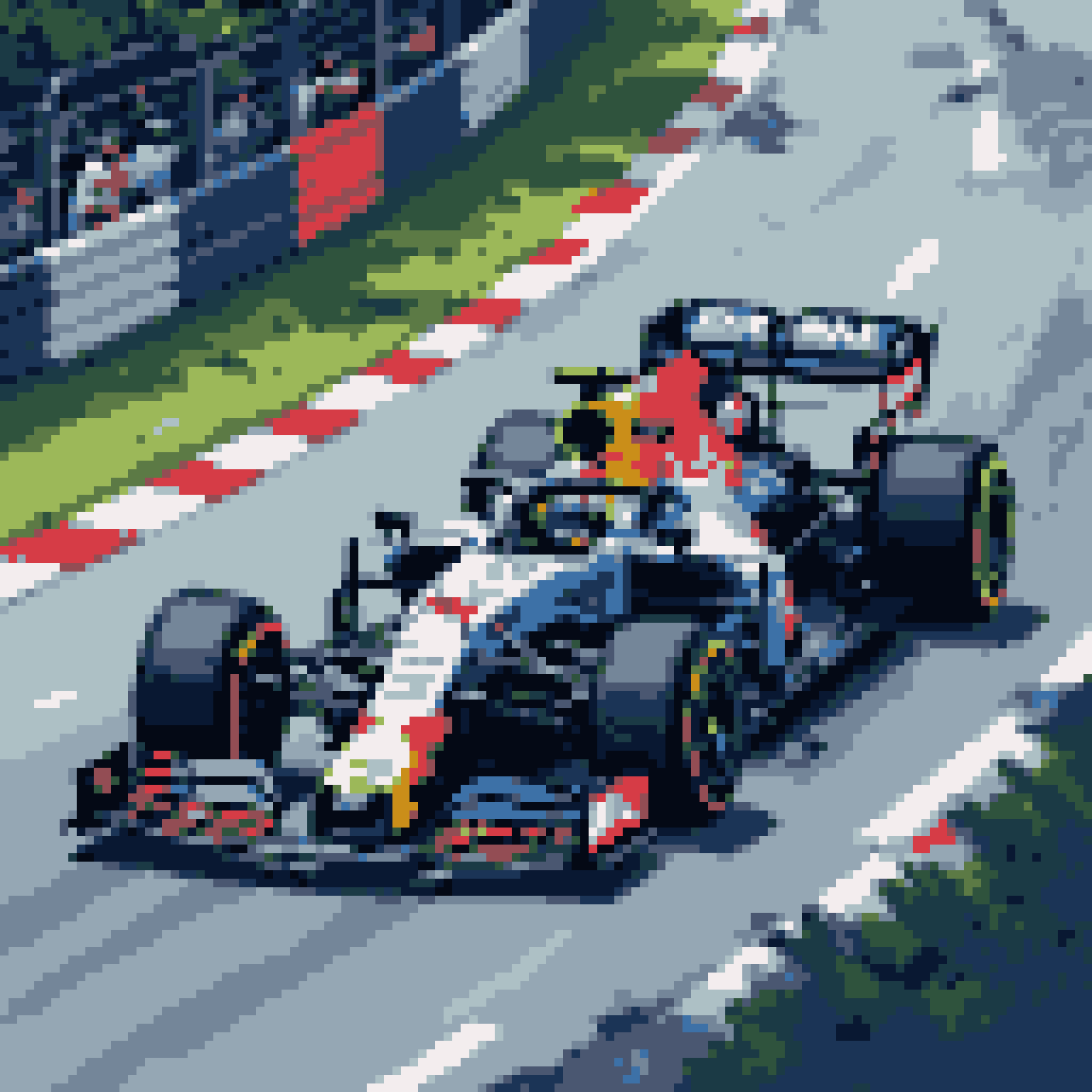 F1 Racer Powers Through Sharp Turn, Bold Blocks