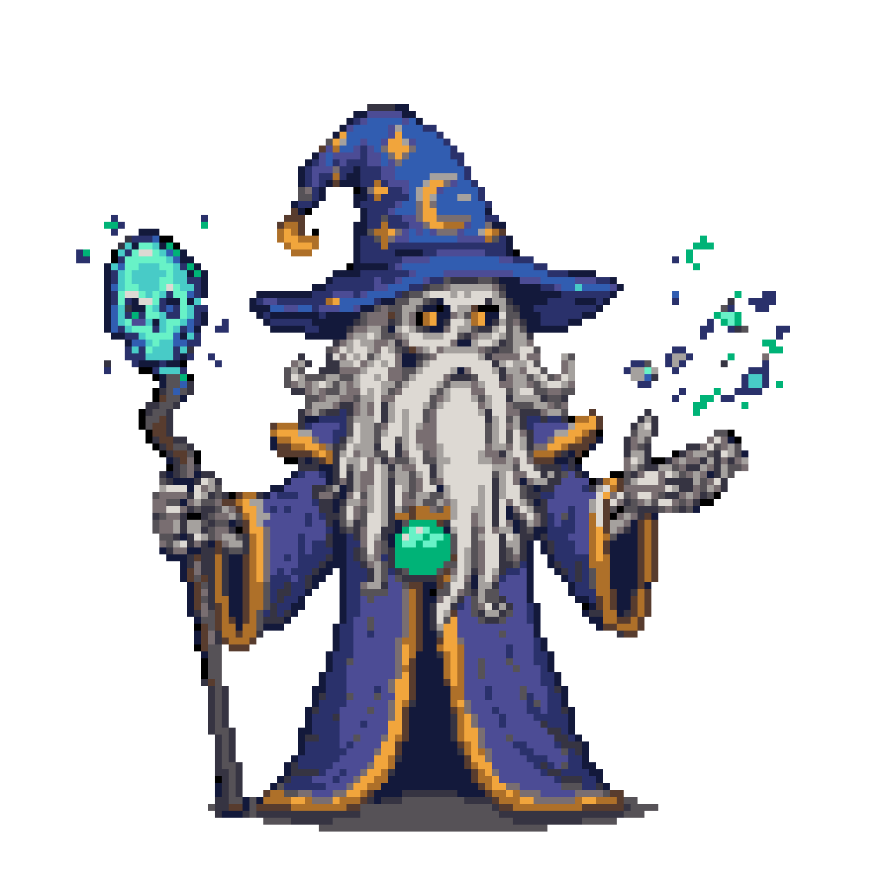 Pixel Art Skeleton Wizard - Blue Robe, Magic Staff