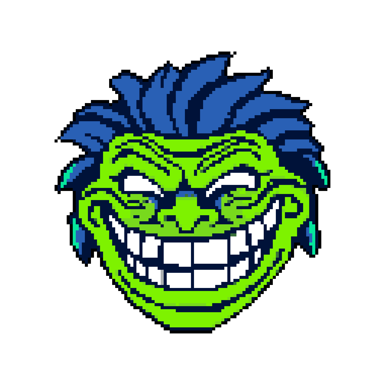 Pixel Art: Manic Green Grin: Intense Blue-Haired Head