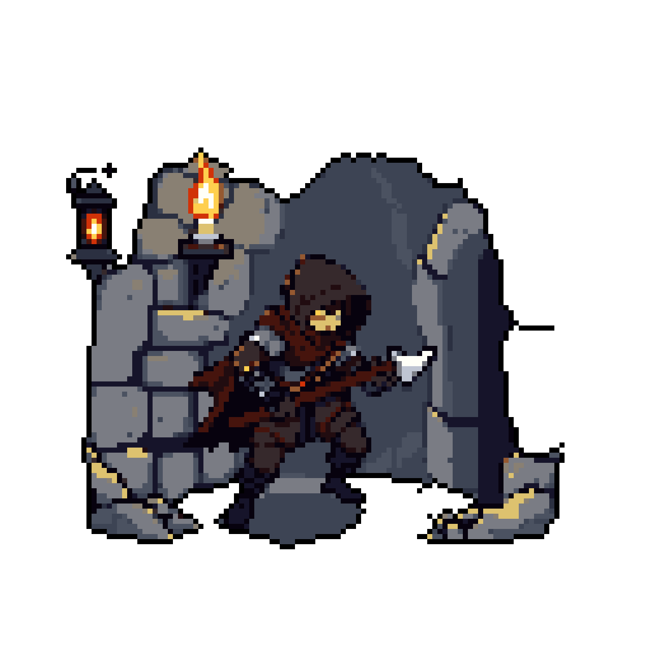 AI Sprite: Stealthy Rogue in Crumbling Ruins, Torchlit Mystery