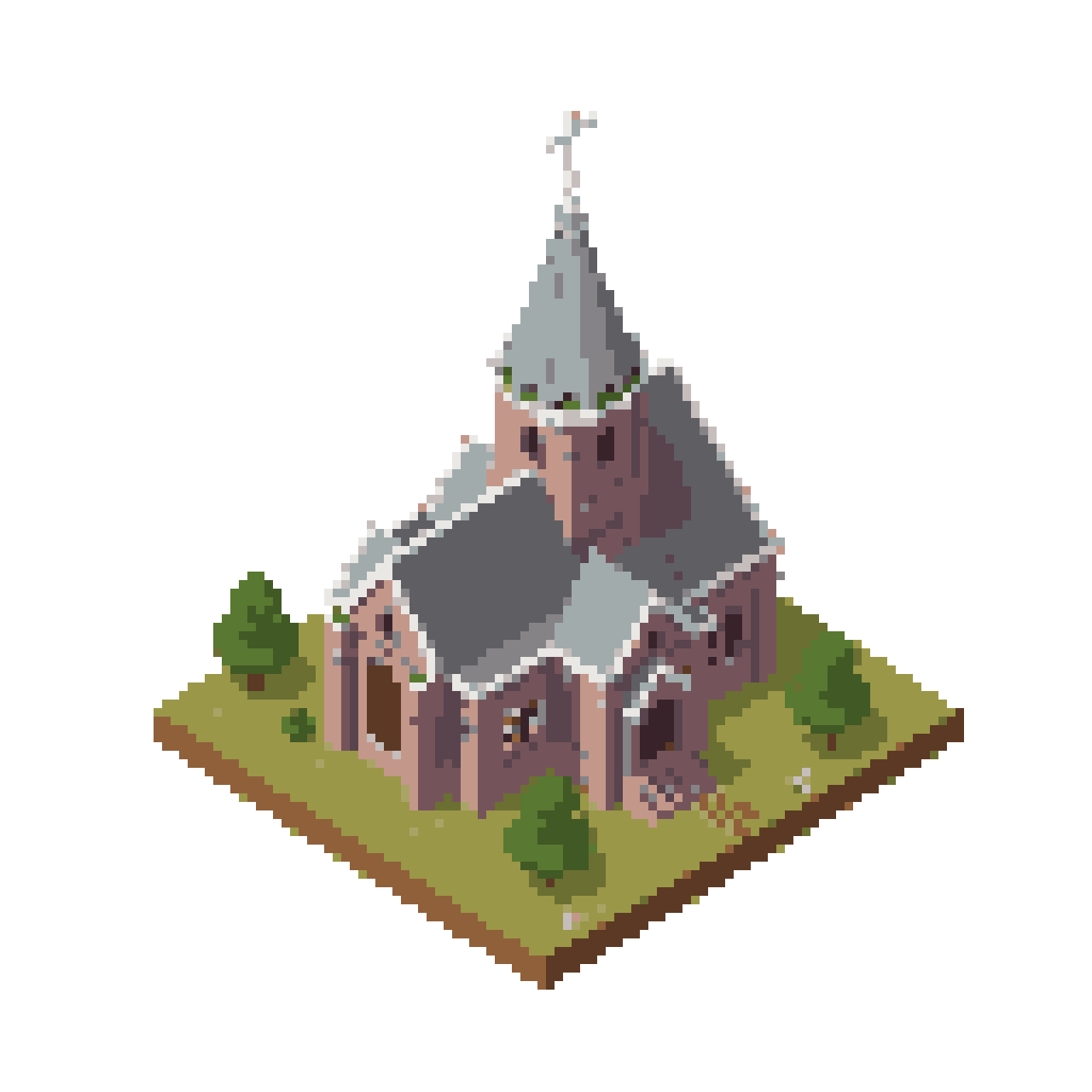 Isometric Church: Aged Brick, Greenery, Somber Mood