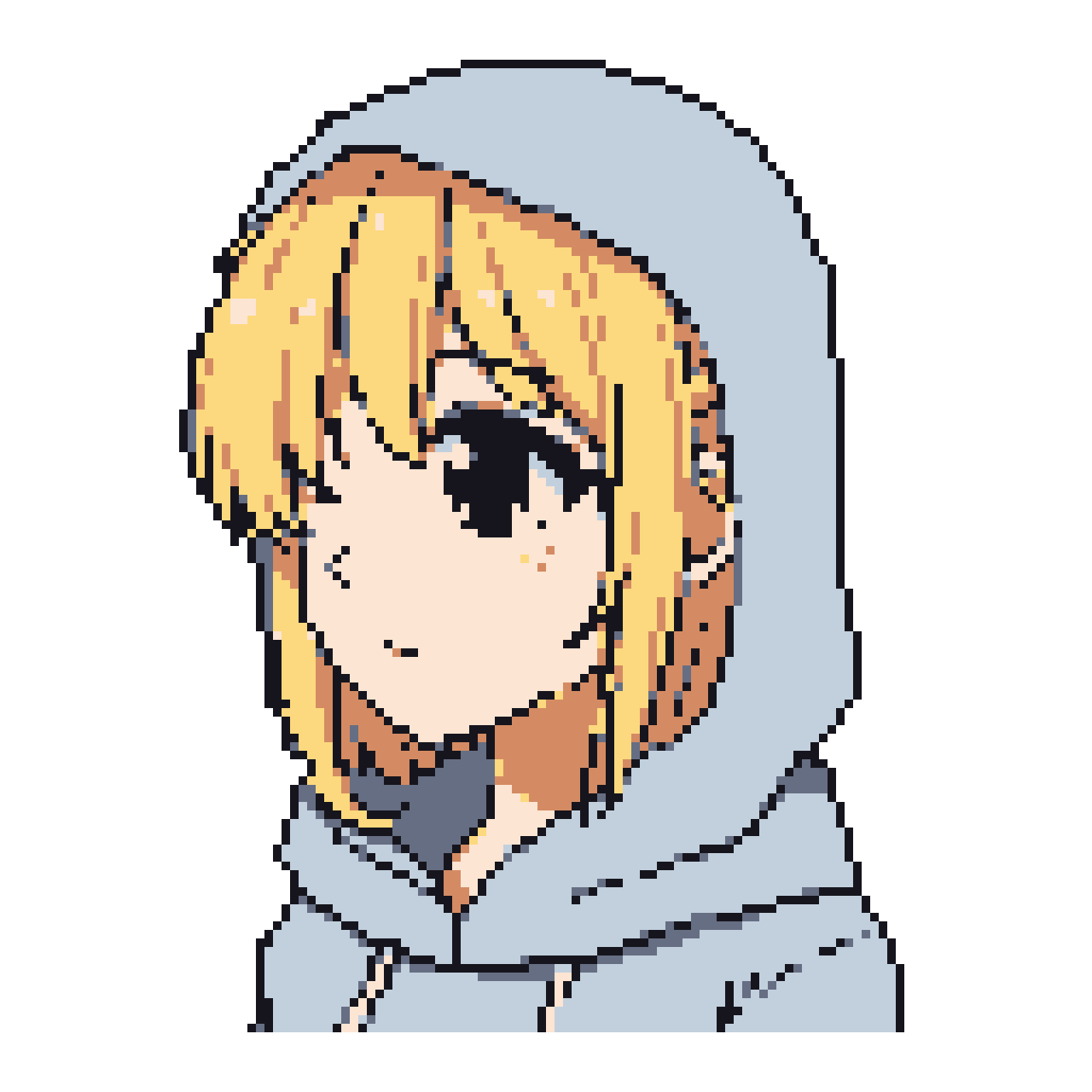 Shy Anime Girl Portrait: Blue Hoodie, Blonde Hair