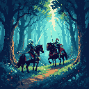 2 knights riding through magic forrest, medieval scene - Pixel Art | generated with AI by pixie.haus
