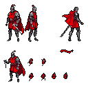 32×32 pixel art RPG sprite sheet of a red-armored swordsman, side view ...