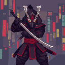 A cyberpunk style samurai is ready to draw the katana, cyberpunk city ...