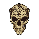"A knight elf skull intricately ornamented with carved symbols, bone ...