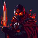 A knight in the dark knight with a sword glowing a dark deep crimson ...