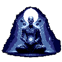 A serene robotic monk floats in meditative posture, his body crafted ...