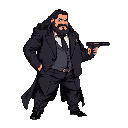 fat elegant man with long hair and small gun - Pixel Art | generated ...