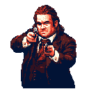 fat man in elegant suit and with long hair aiming with small gun ...