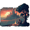 Landscape: castle, sunset, knight sitting under a tree with a ...