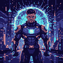 Pixel art character of a heroic futuristic man standing confidently in ...