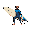 surfer holding surfing desk and doing pose - Pixel Art | generated with AI and edited by pixie.haus