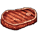 This pixel art features a juicy steak with subtle char lines and ...