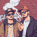 Two guys in streetwear smoking a joint with a brick wall and graffiti ...